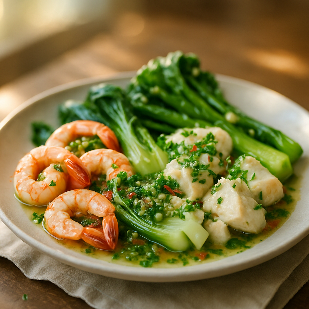 Steamed Seafood with Citrus Herb Dressing | DishGen Recipe