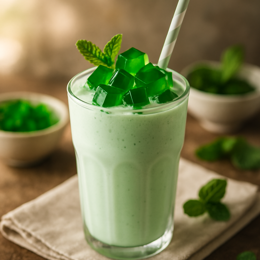 Frosty Mint Green Milkshake with Wobbly Jelly | DishGen Recipe