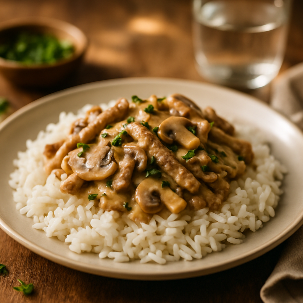 Quick Creamy Beef Stroganoff with Rice | DishGen Recipe