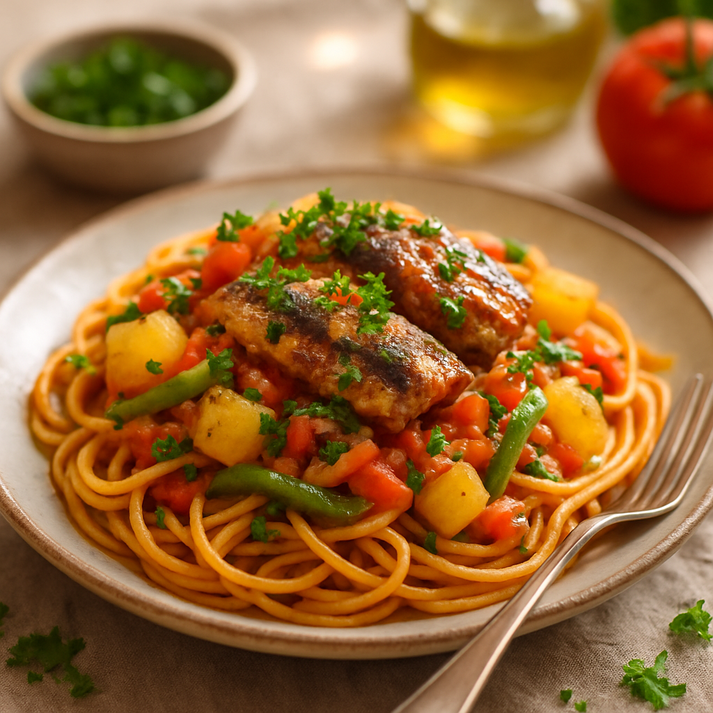 Spaghetti with Pilchard Tomato Sauce and Veggies | DishGen Recipe